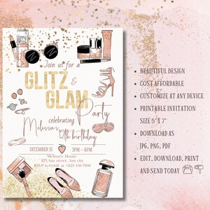 Editable Glitz and Glam Birthday Party Invitation, Glamour Makeup Girls ...