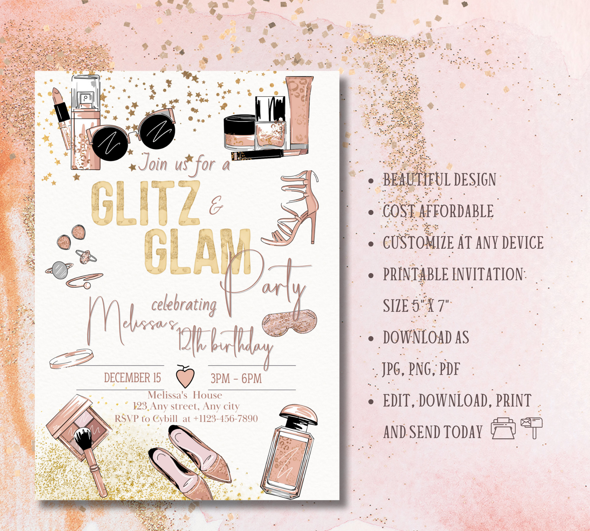 Editable Glitz and Glam Birthday Party Invitation, Glamour Makeup Girls ...