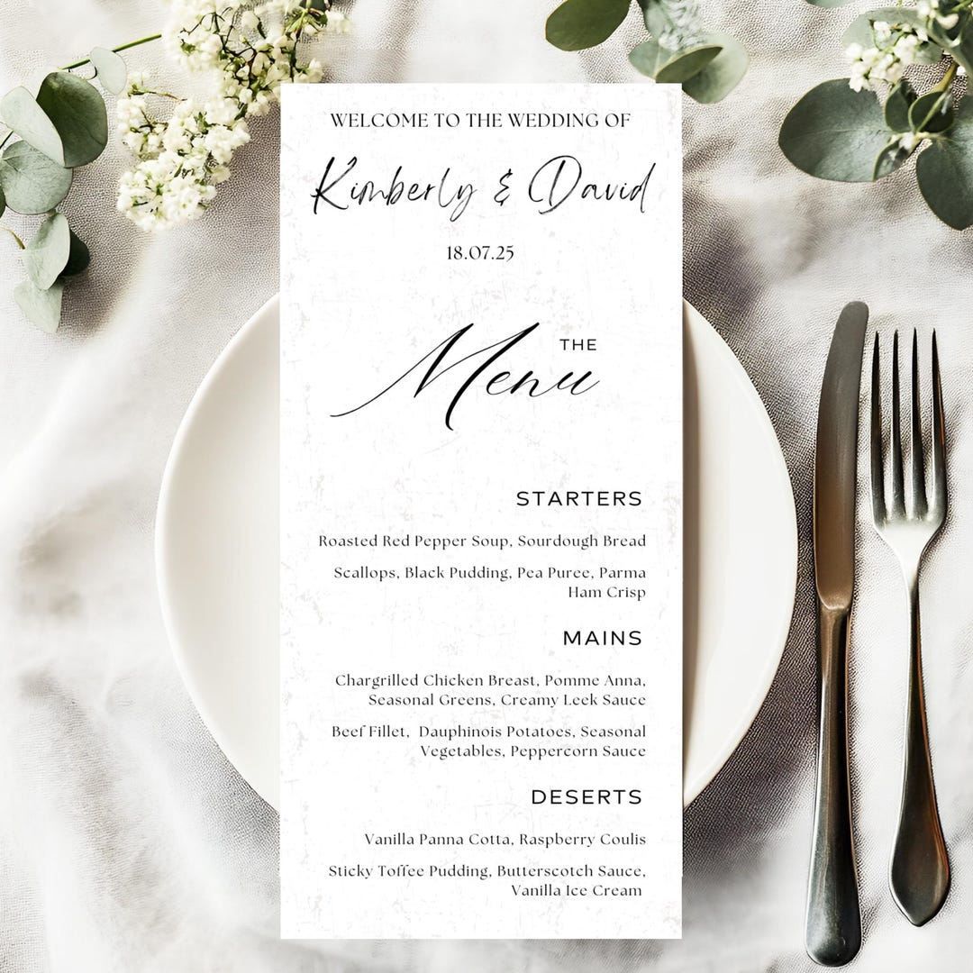 Wedding Menu Cards, Personalised Wedding Menus, Elegant Wedding Menu ...