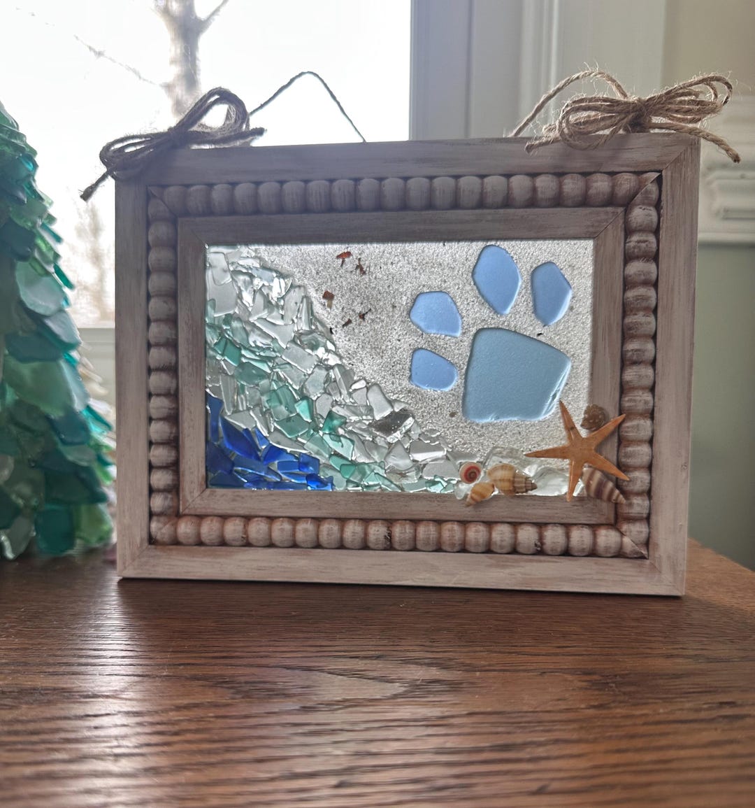 Sea Glass Paw Prints in the Sand, Sea Glass Art, Coastal, Beach Decor ...