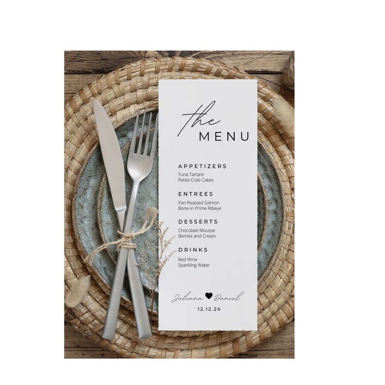 Minimalist Wedding Menu Template, Modern Script Wedding Dinner Menu ...