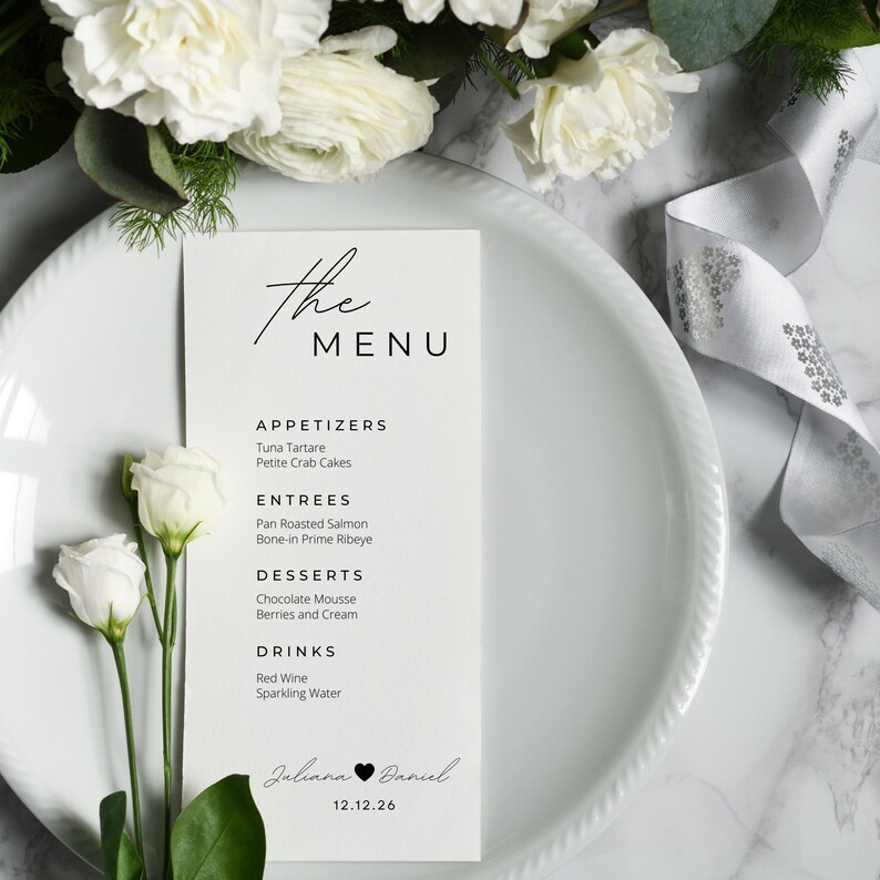 Minimalist Wedding Menu Template, Modern Script Wedding Dinner Menu ...