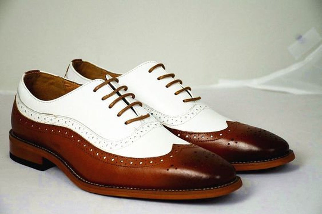 Handmade Men Spectator Wingtip Lace up Shoes | Men Tan and White Dress ...