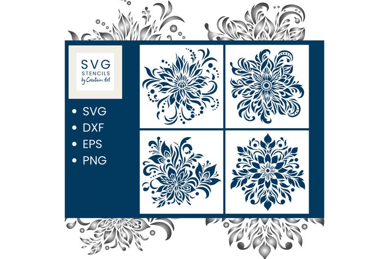 4 Stencils of Floral Pattern Tiles SVG, DXF, Cut Files, Eps, Png ...