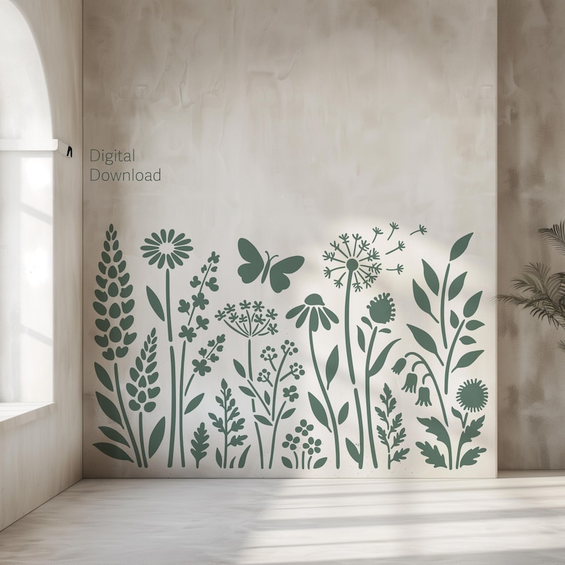 Wildflower Meadow Stencil SVG Bundle, Botanical Wall Stencil Files for ...