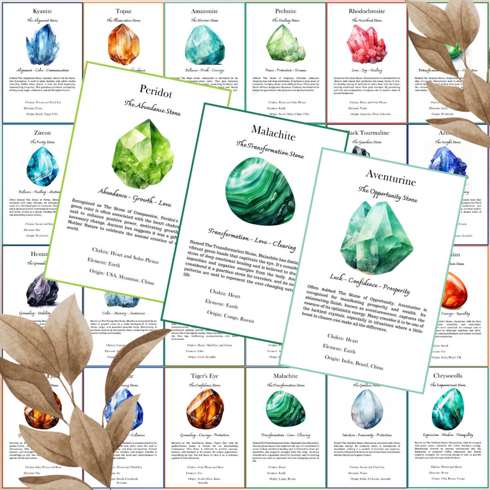 50 Crystal Meaning Cards, Digital Crystal Cards Watercolor Drawn ...