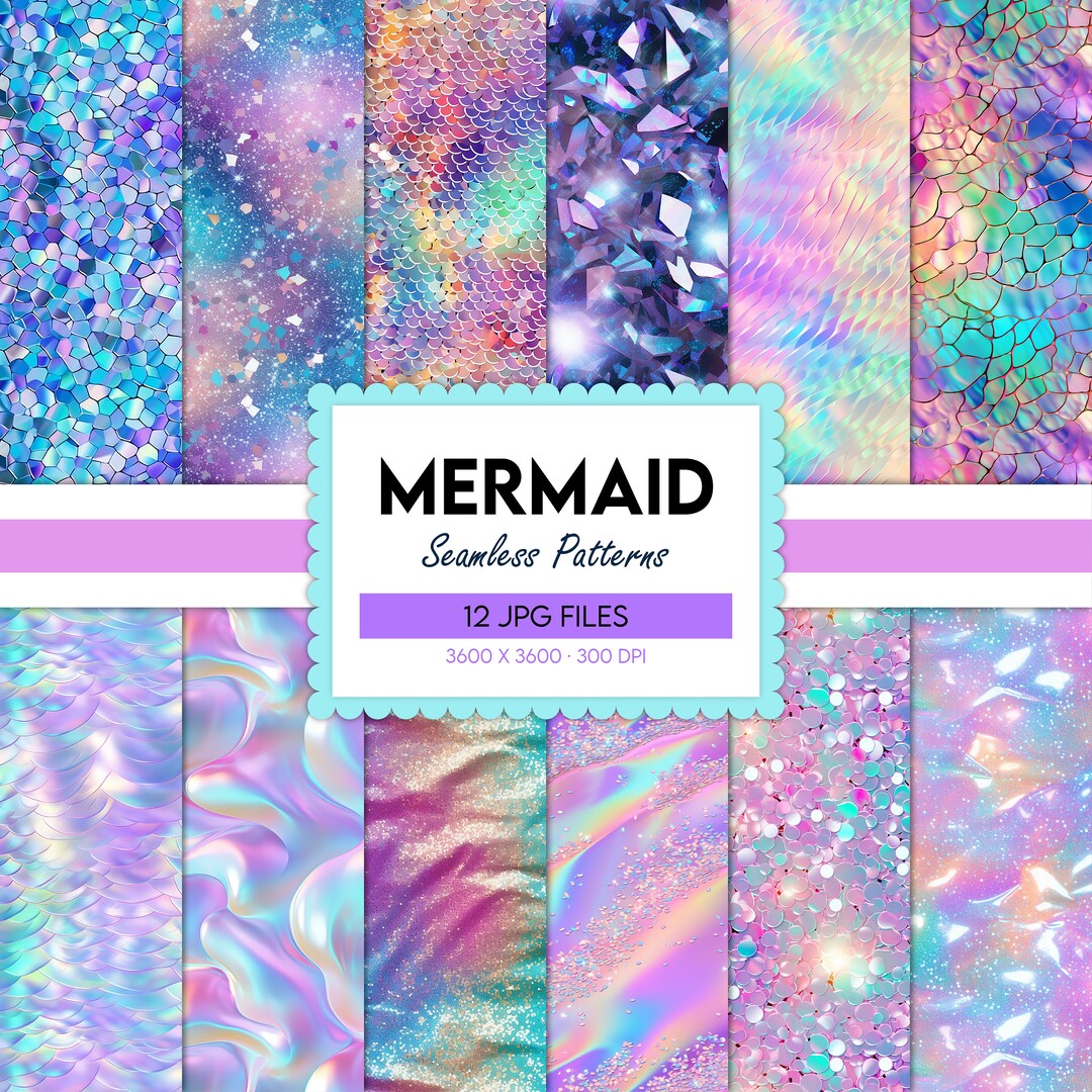Mermaid Digital Paper, Unicorn Seamless Patterns, Holographic Prints ...