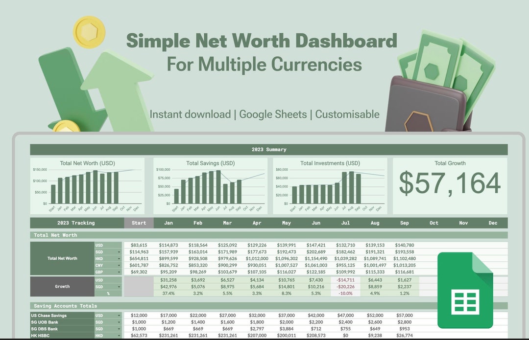 Multi-currency Net Worth Tracker | Google Sheets Template (digital ...