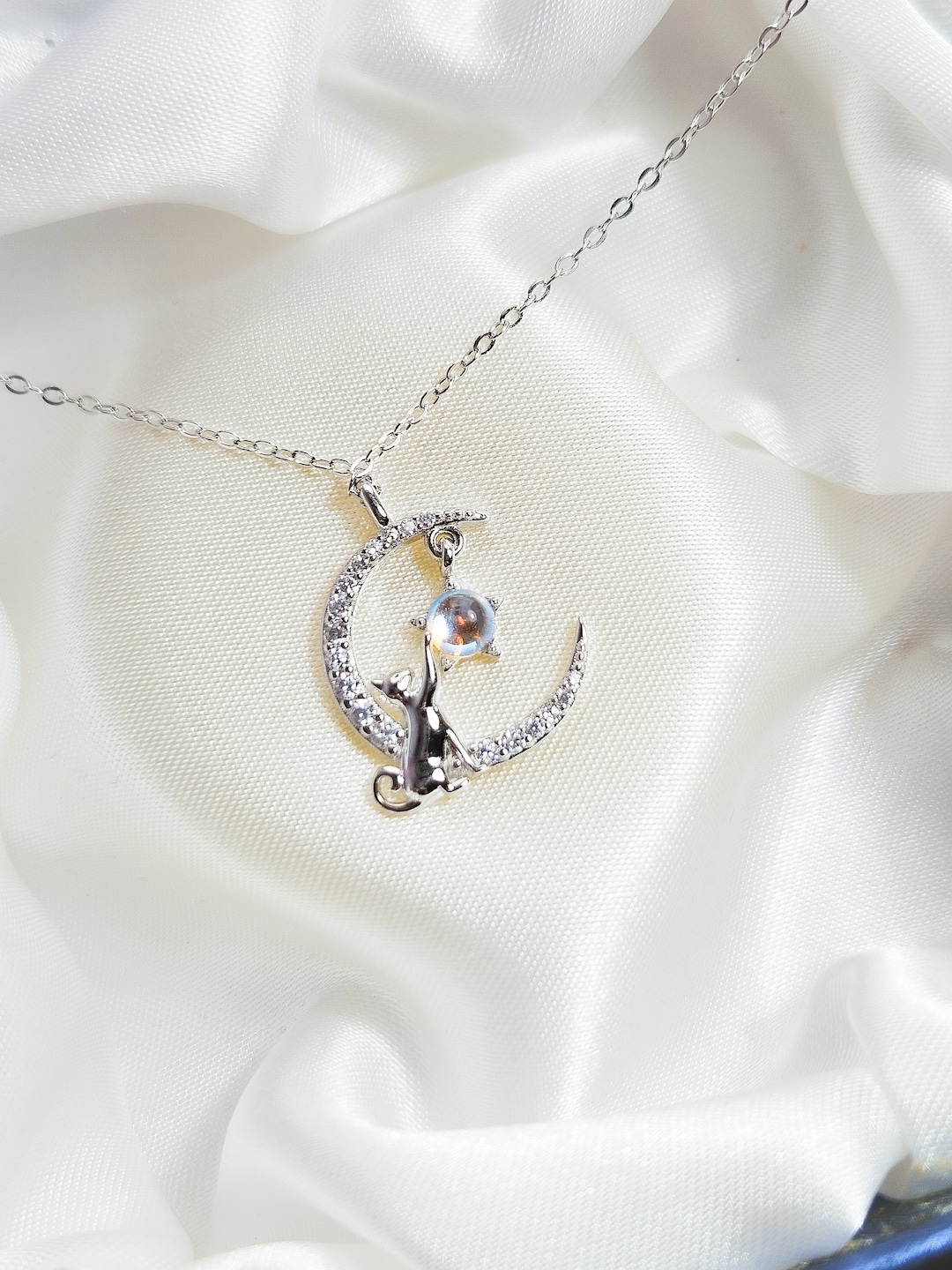 925 Sterling Silver Cat Moon Cute Animal Pendant Necklaces Women Silver ...