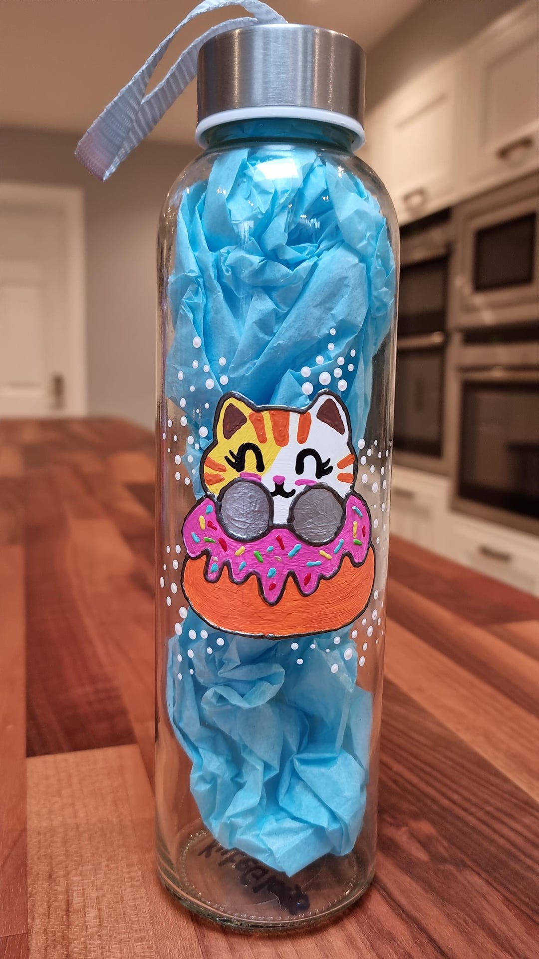 Hand Painted Cat Donut Glass Water Bottle, 500ml - Etsy UK