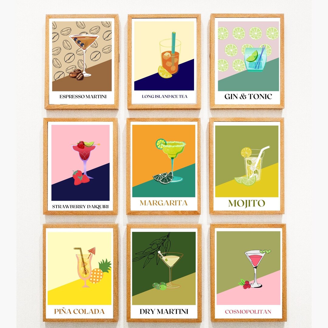 Set of 9 Cocktail Posters, Cocktail Poster, Bar Cart Print, Cocktail ...