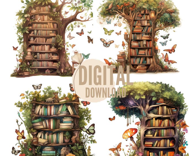 Magic Forest Bookshelf Butterfly Clipart Set 4 Watercolor Designs High ...