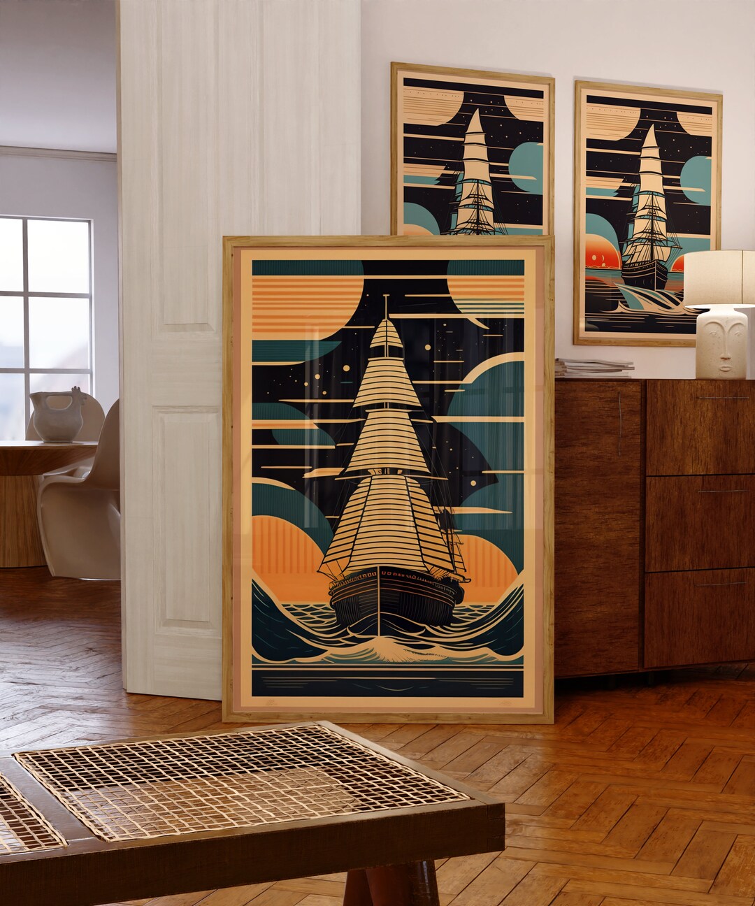 Vintage Nautical Wall Art, Ship Sailing at Sunset, Retro Maritime Decor ...