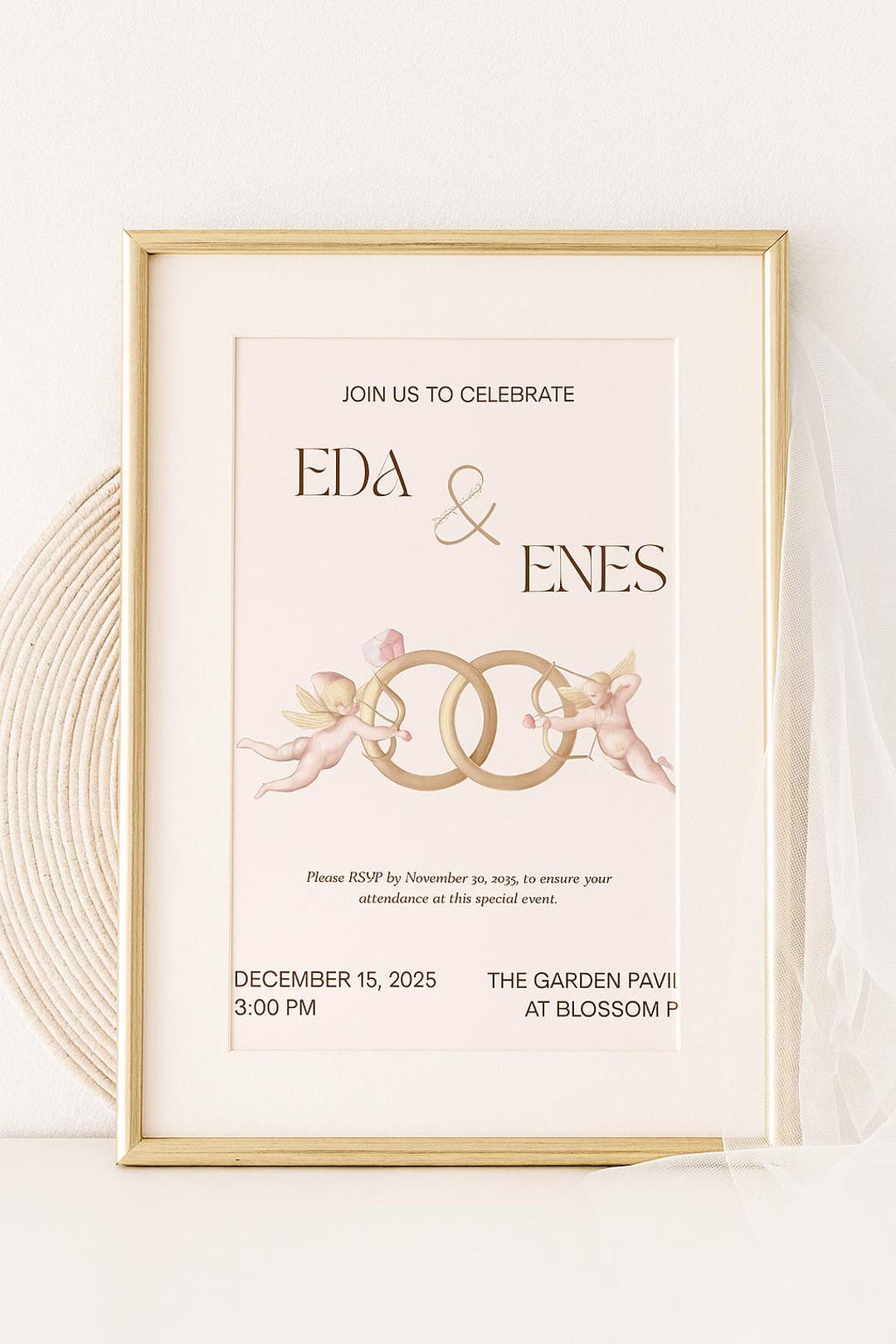 Cherub Wedding Invitation Template | Romantic Rings Design (digital ...