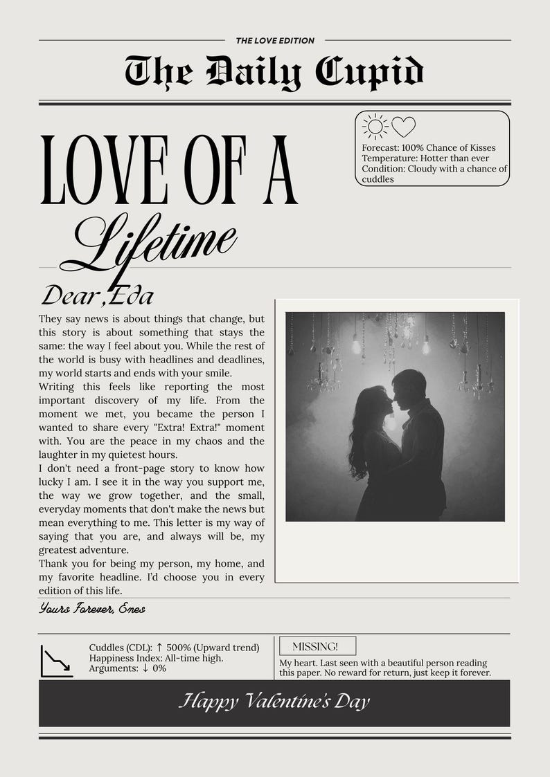 Editable Newspaper Valentine's Day Card | Personalized Love Letter Gift ...