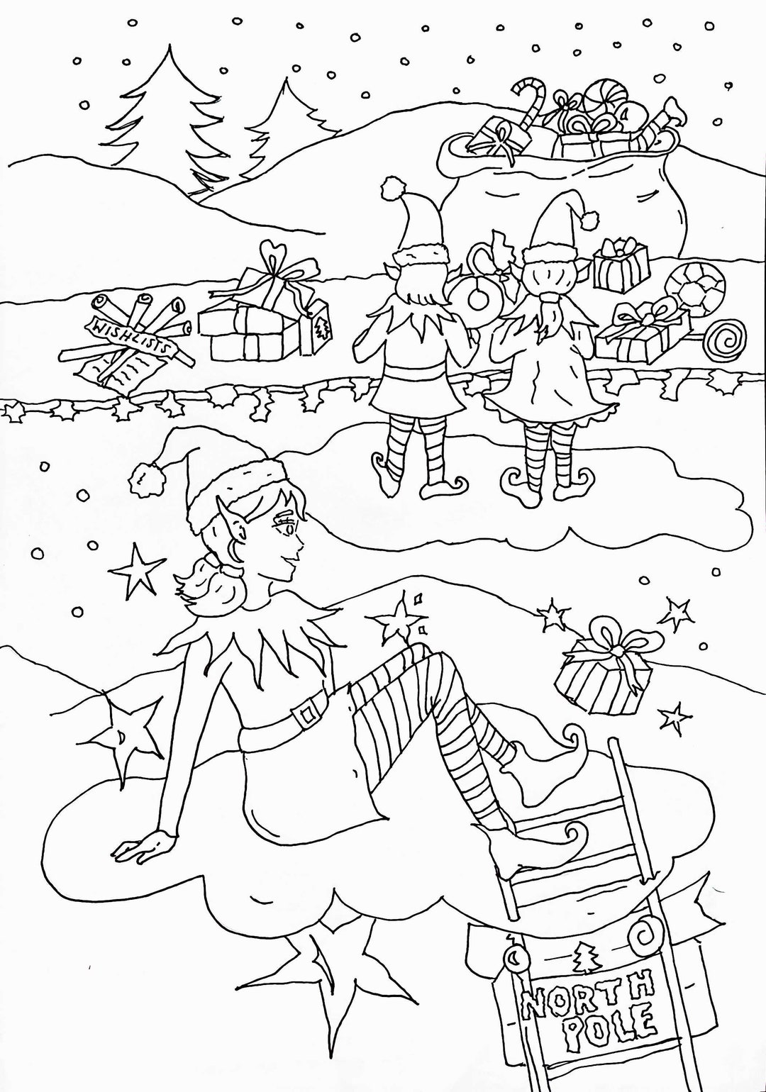Elves in the North Pole: ORIGINAL HANDDRAWN Christmas Colouring Page in ...