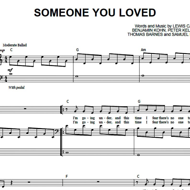 Someone You Loved - Lewis Capaldi Piano Sheet Music and Lyrics - Etsy