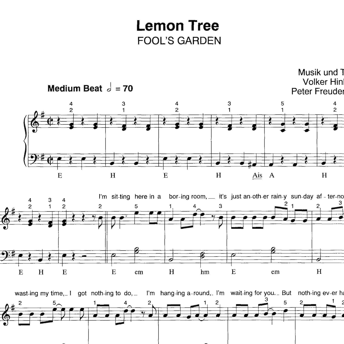 Fool's Garden, Lemon Tree, Sheet Music Download, Pop Sheet Music ...