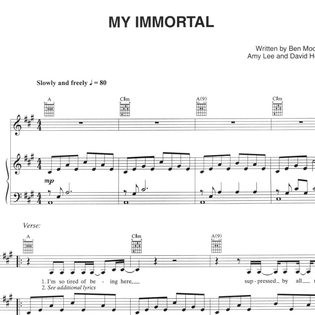 My Immortal, Evanescence, Piano Sheet Music With Chords and Lyrics ...