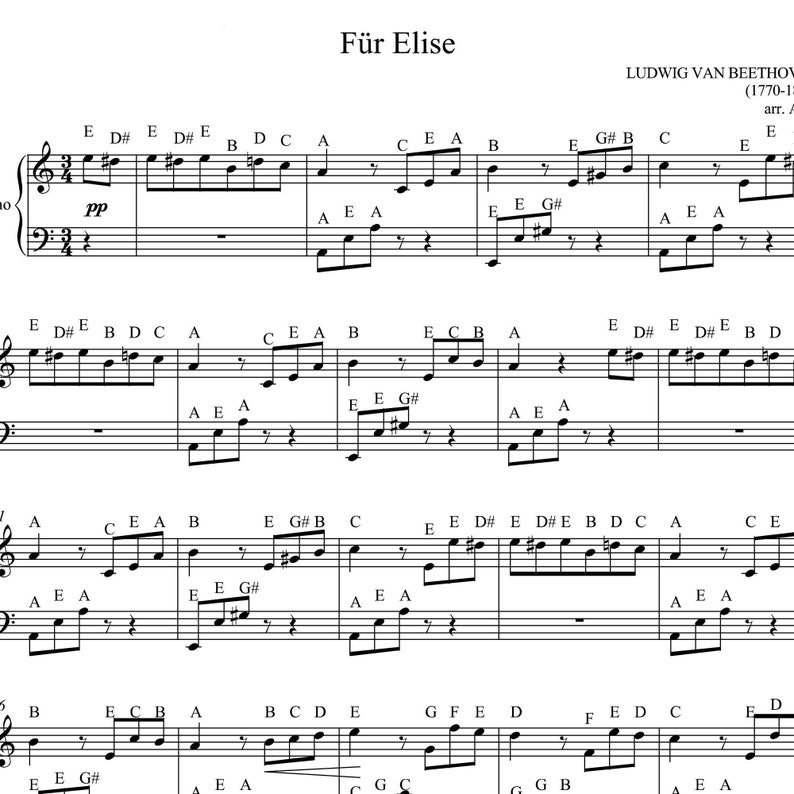 For Elise Beethoven Beginners Piano Songs - Etsy