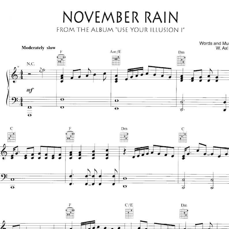 November Rain Guns N' Roses Printable Sheet Music - Etsy