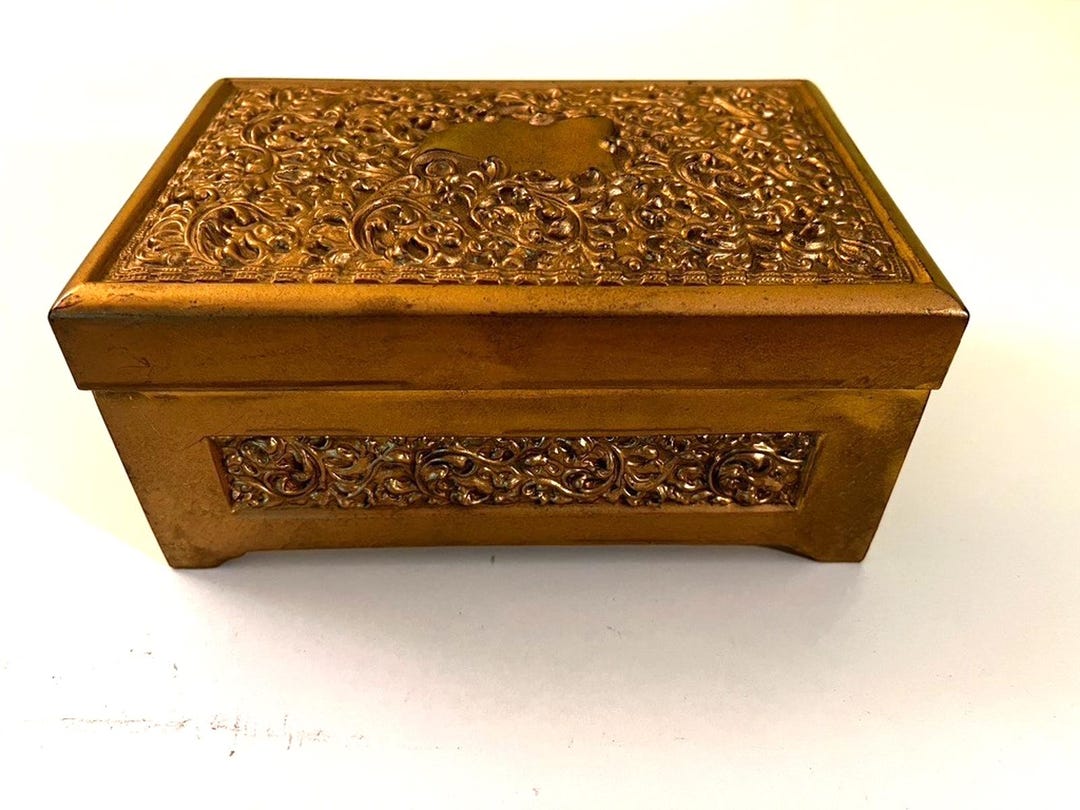 Antique Felt Lined Hinged Filigree Box Bronze Plated Heavy Jewelry ...