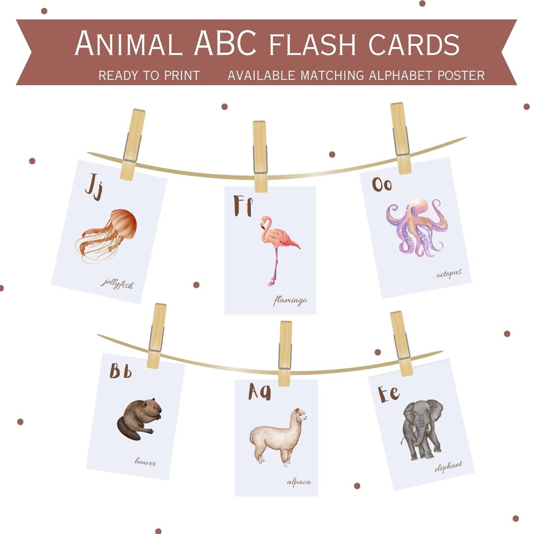 Animals Alphabet Flash Cards, Montessori Flash Cards, Pre-school Cards ...