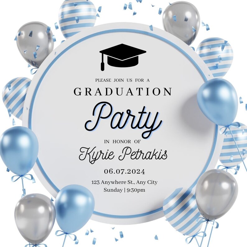 Graduation Party Invitation Template, Printable Graduation Silver Blue ...