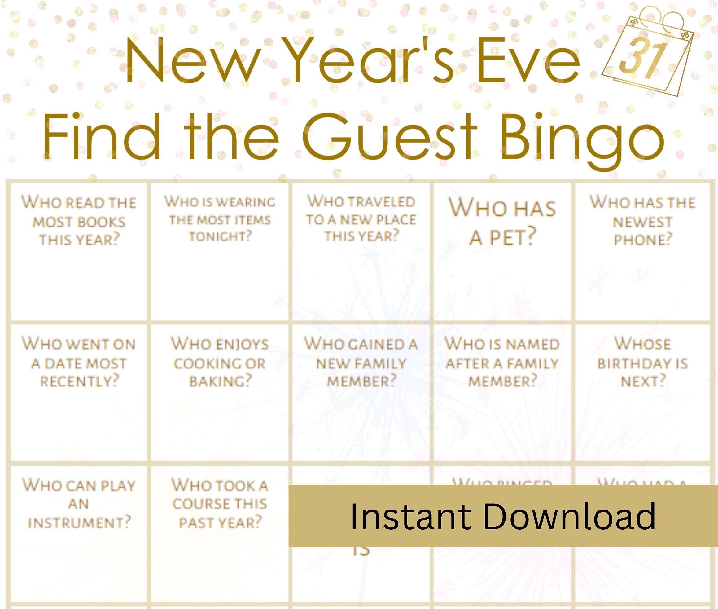 New Year's Eve Find the Guest Bingo Boards, Downloadable New Year's ...