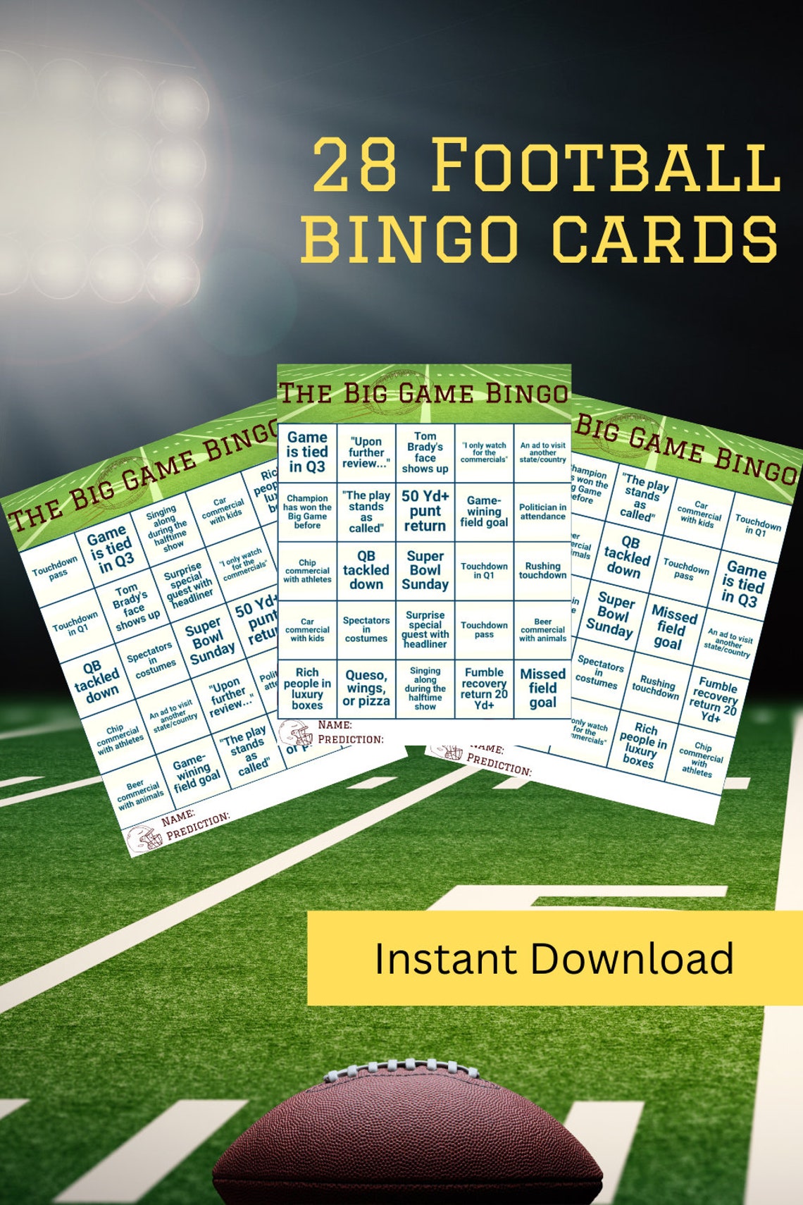 Football Bingo, Printable Big Game Bingo, Downloadable Bingo for the ...