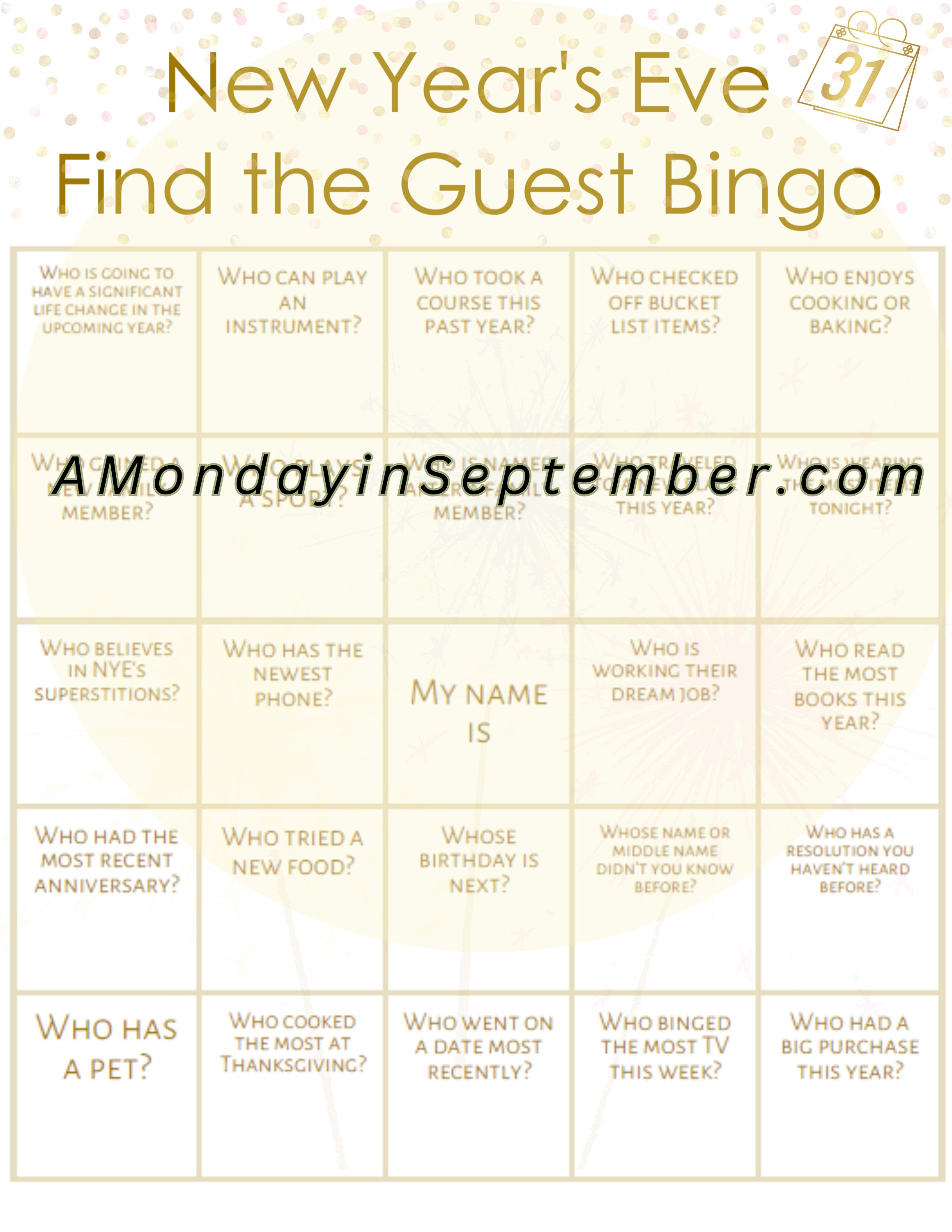 New Year's Eve Find the Guest Bingo Boards, Downloadable New Year's ...