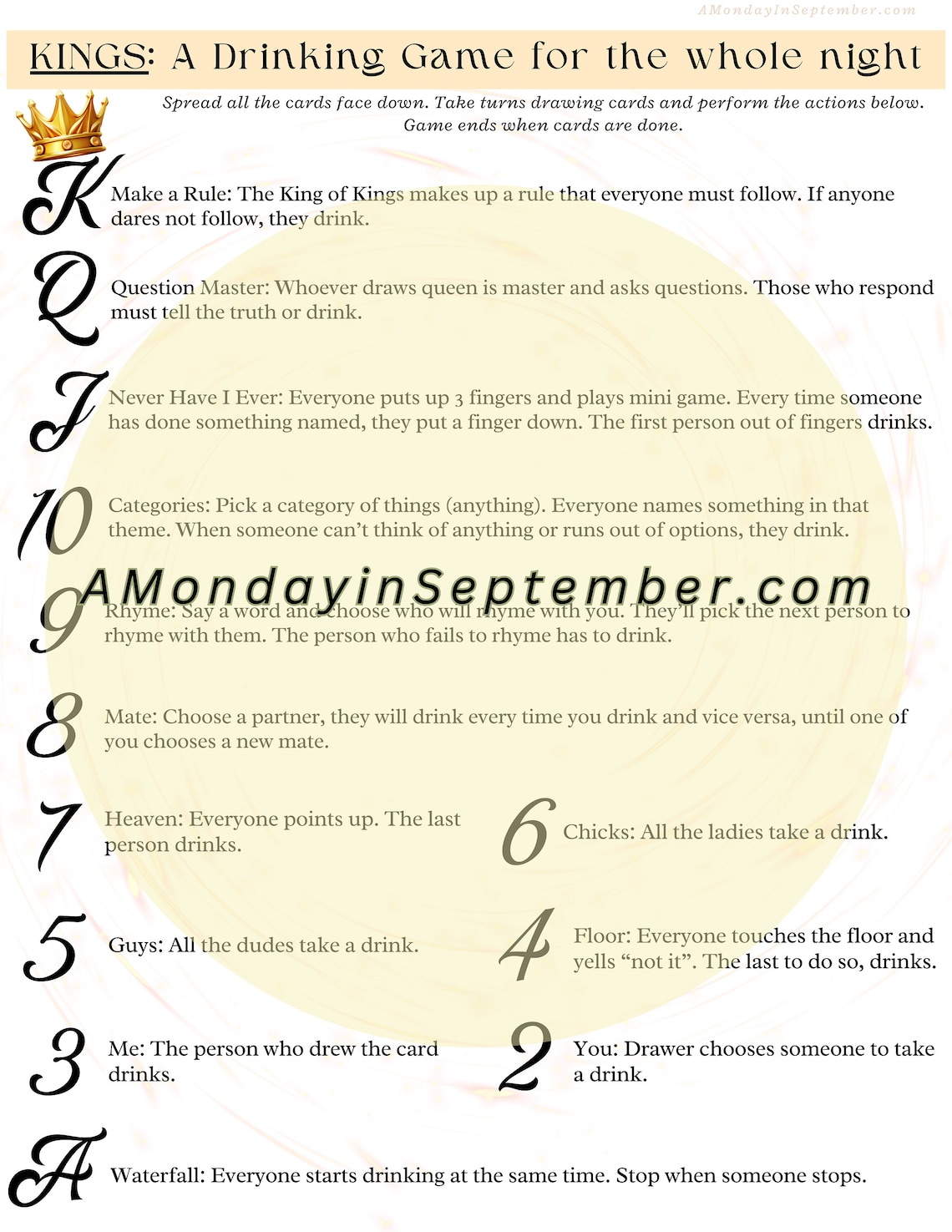 Kings Drinking Game Rules, Friends Birthday Party Drinking Game, Girls ...