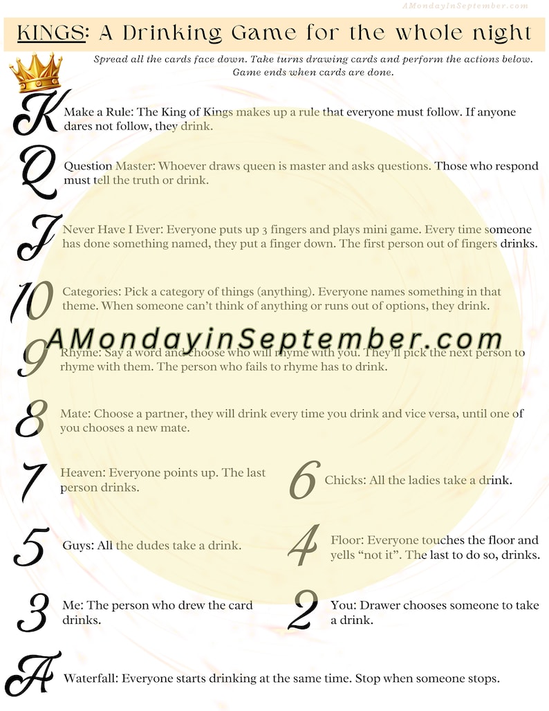 Kings Drinking Game Rules, Friends Birthday Party Drinking Game, Girls ...