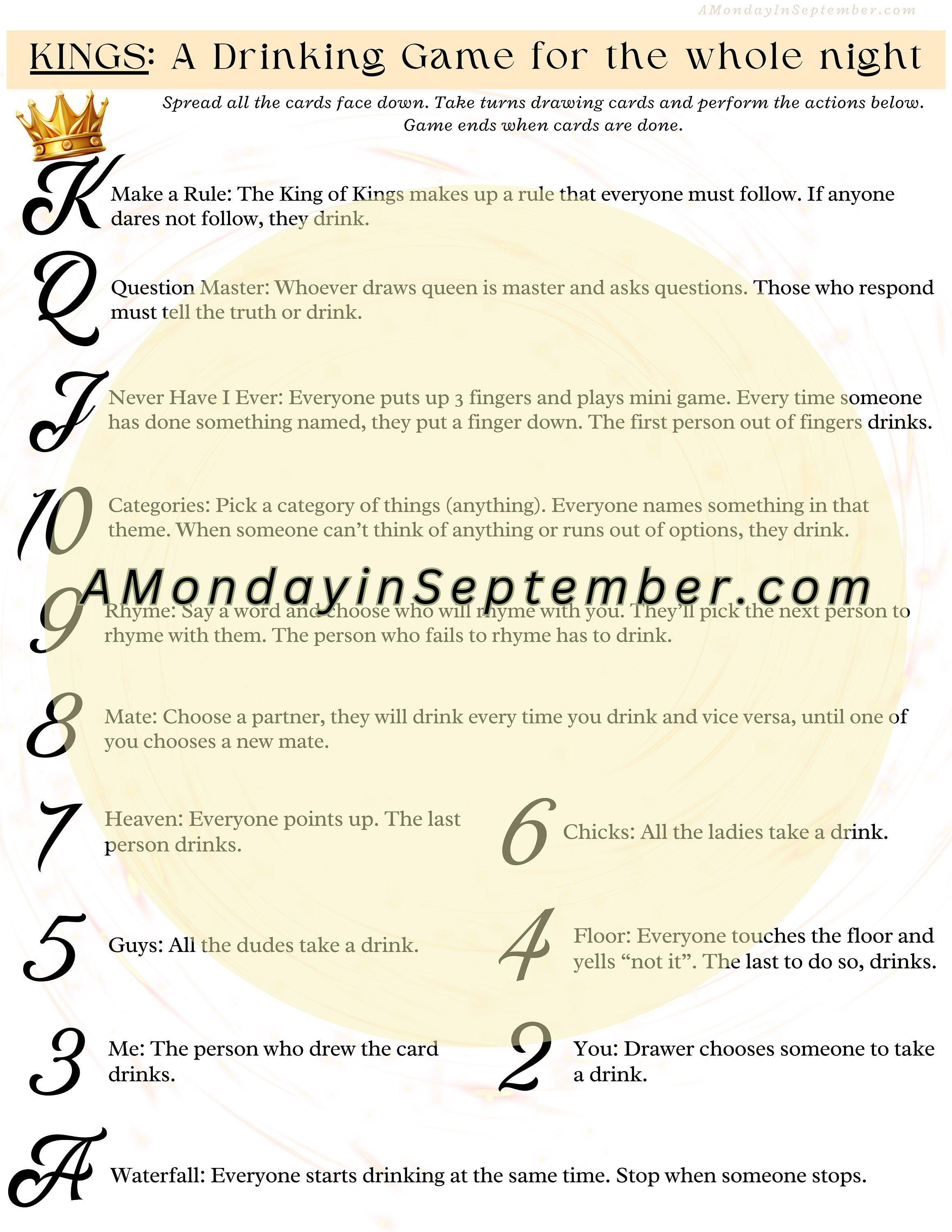 Kings Drinking Game Rules, Friends Birthday Party Drinking Game, Girls ...