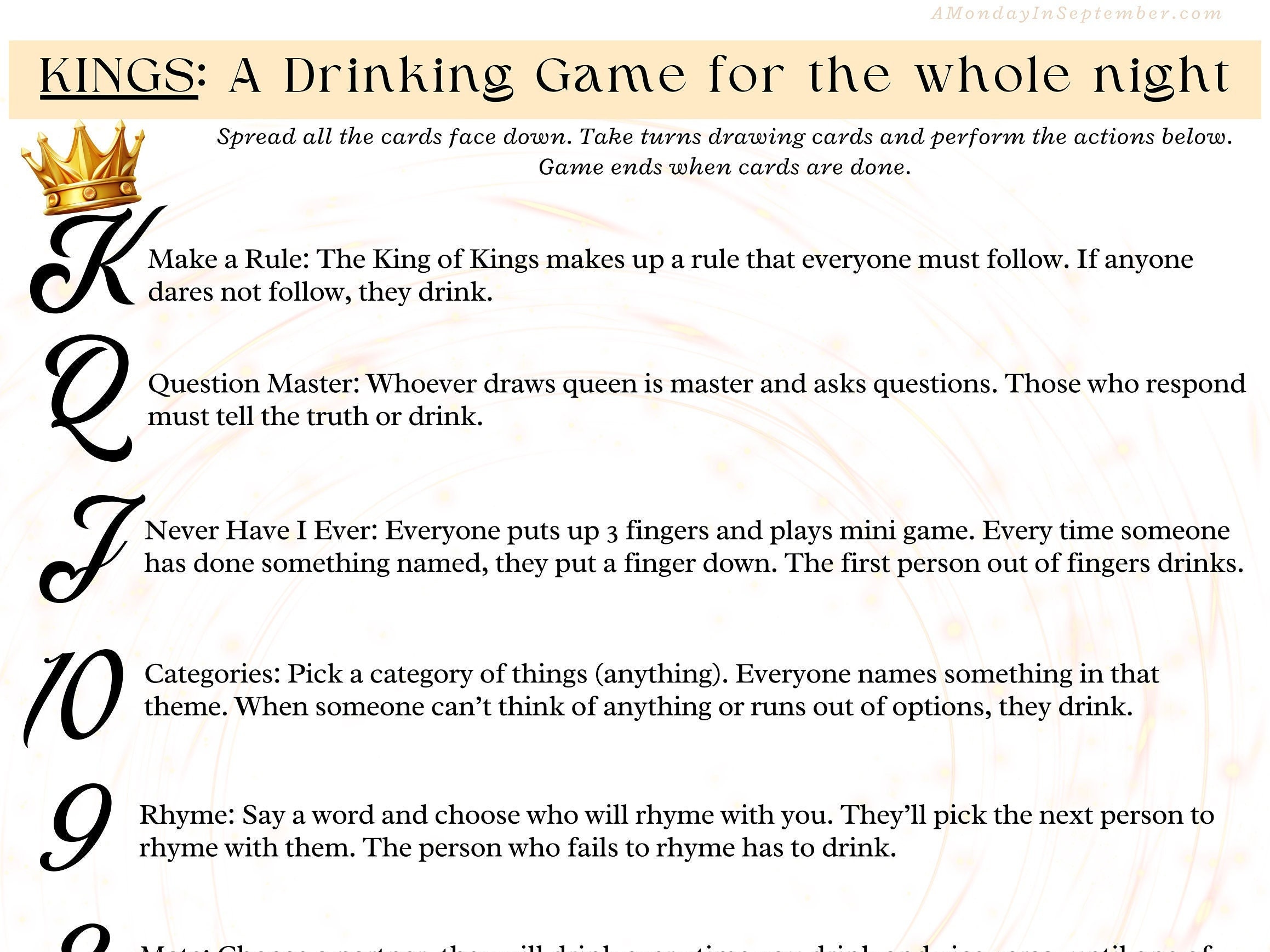 Kings Drinking Game Rules, Friends Birthday Party Drinking Game, Girls ...