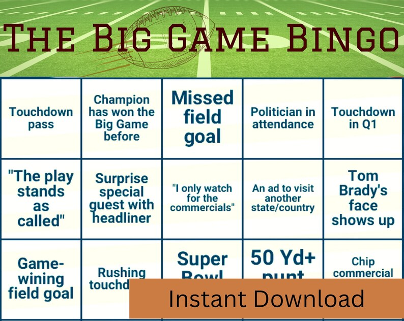 Football Bingo, Printable Big Game Bingo, Downloadable Bingo for the ...