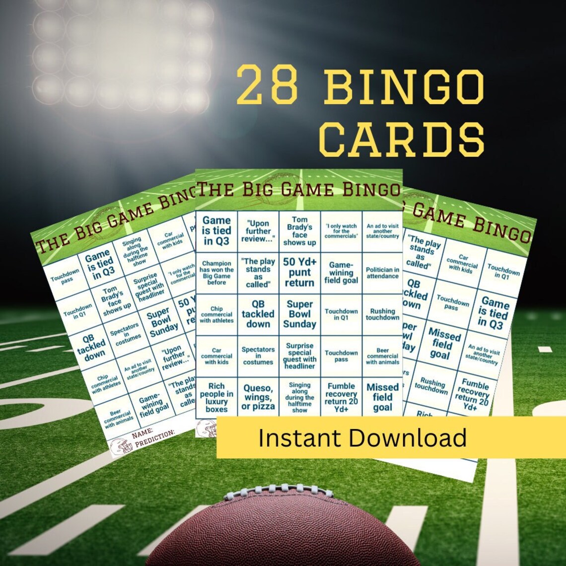 Football Bingo, Printable Big Game Bingo, Downloadable Bingo for the ...