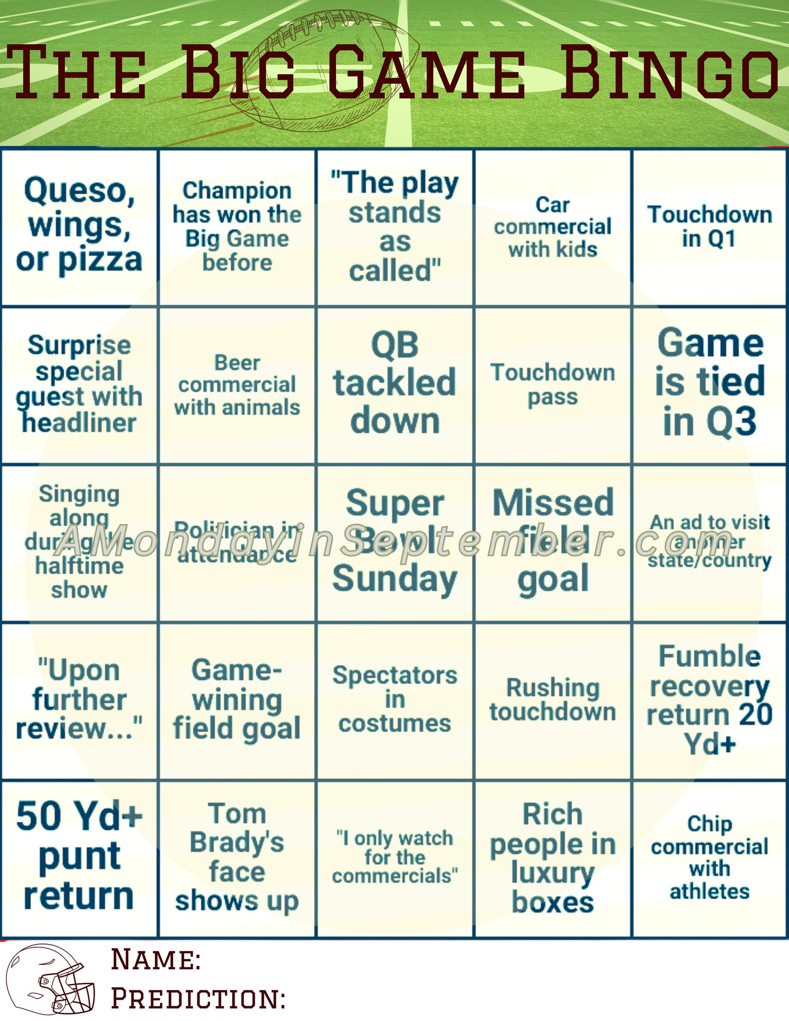 Football Bingo, Printable Big Game Bingo, Downloadable Bingo for the ...