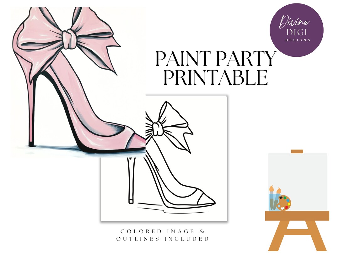 Pink High Heel DIY Paint Party Printable: Pre-drawn Canvas (PNG Digital ...