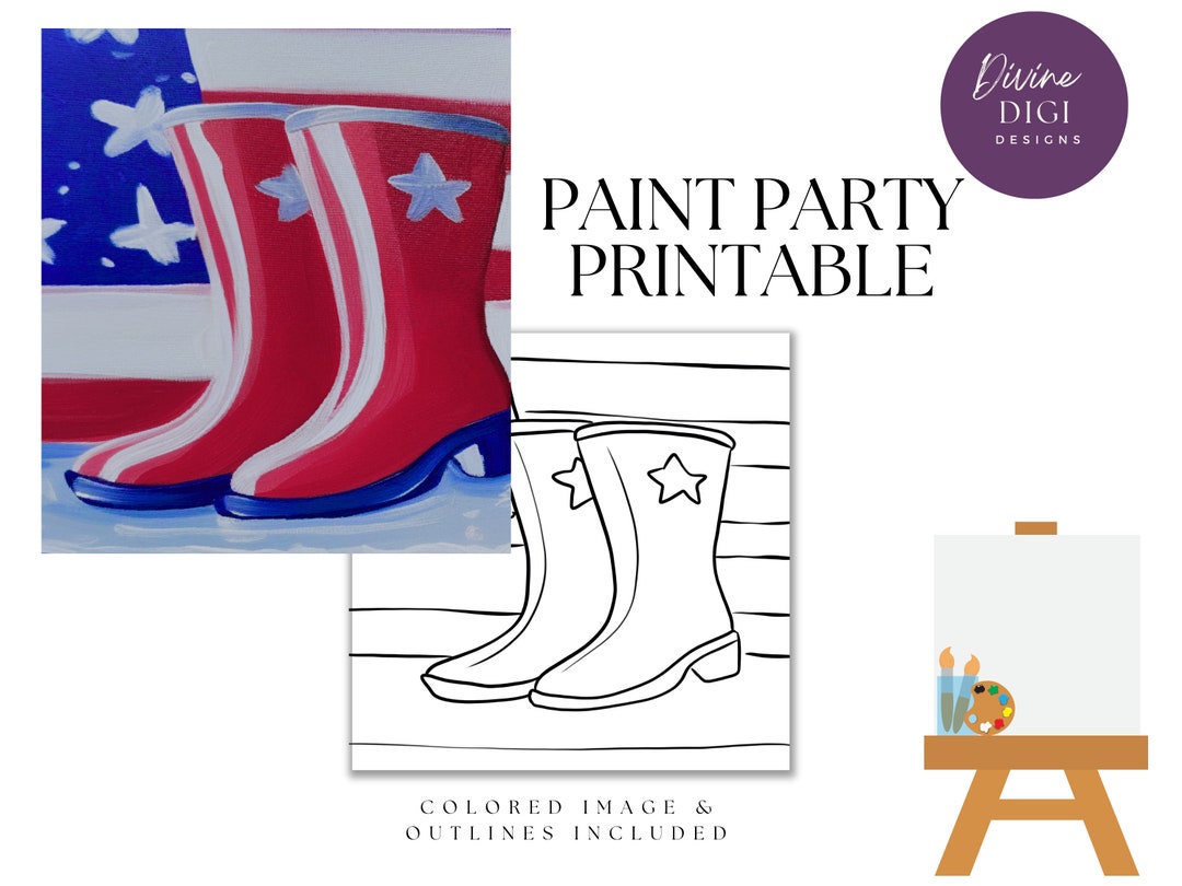 DIY Paint Party Printable, Pre-drawn Cute 4th of July Boots Canvas ...