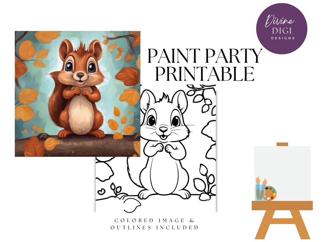 Fall Squirrel Paint Party Template, DIY Coloring Page (digital Download ...