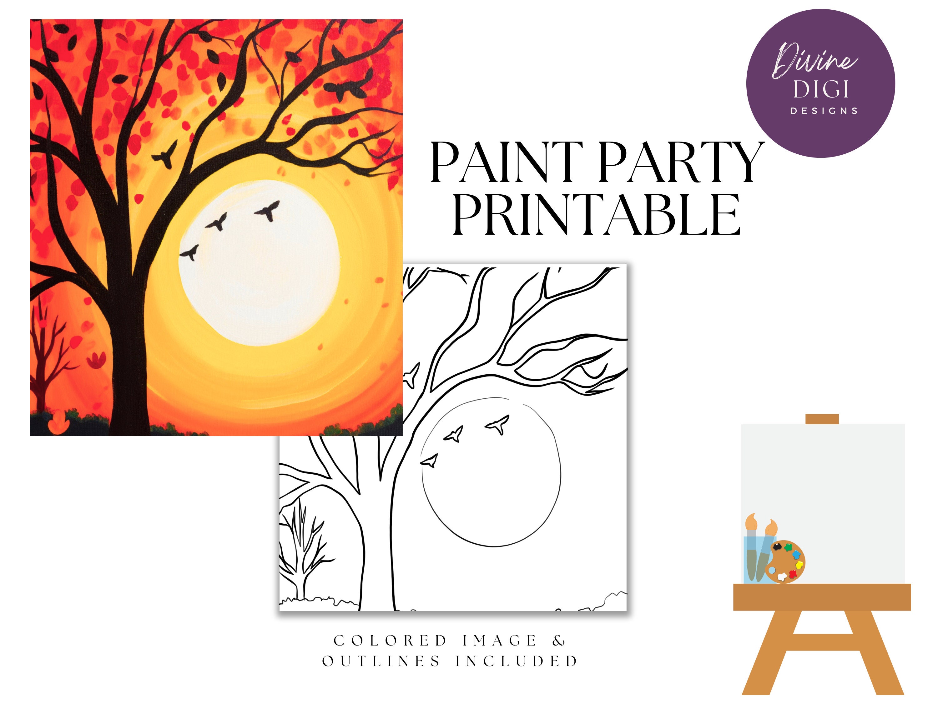 Fall Scene DIY Paint Party Printable, Pre Drawn Canvas, Instant ...