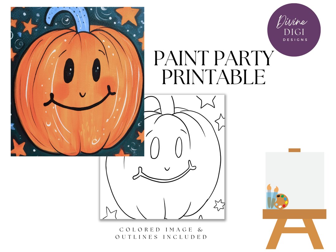 Friendly Pumpkin Paint Party Printable: Kids Canvas Art (PNG Digital ...