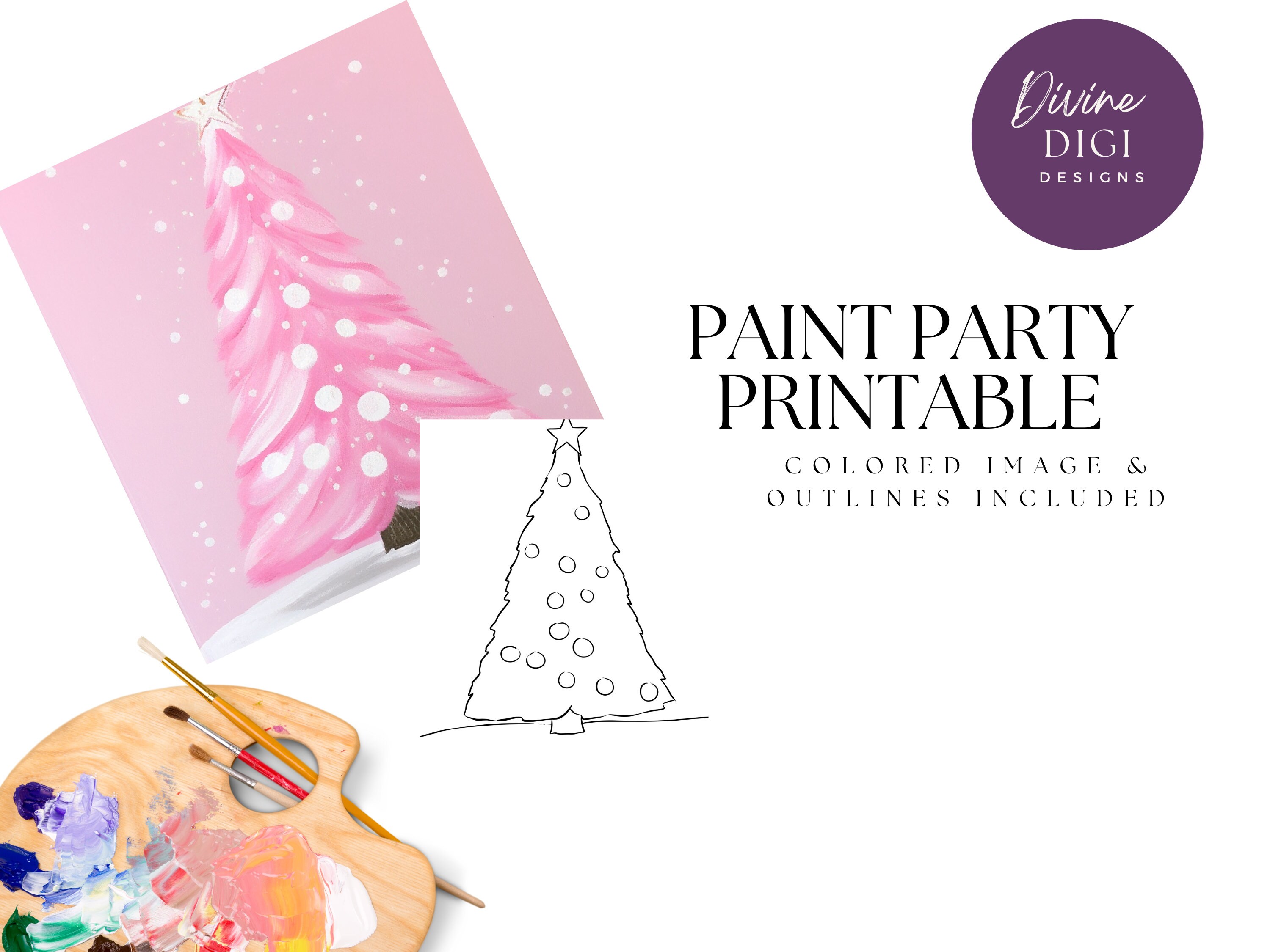 DIY Paint Party Printable, Pre-drawn Pink Christmas Tree Canvas Diy ...