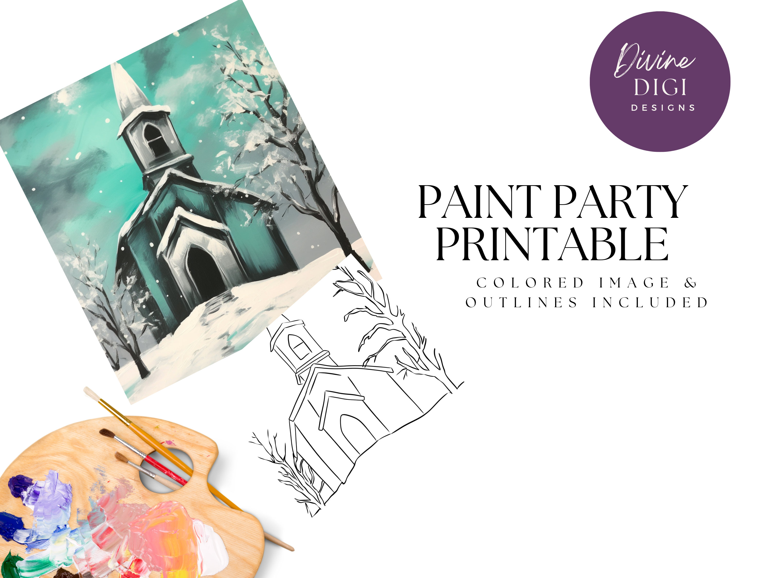 DIY Paint Party Printable, Pre-drawn Church Canvas Diy, Instant ...