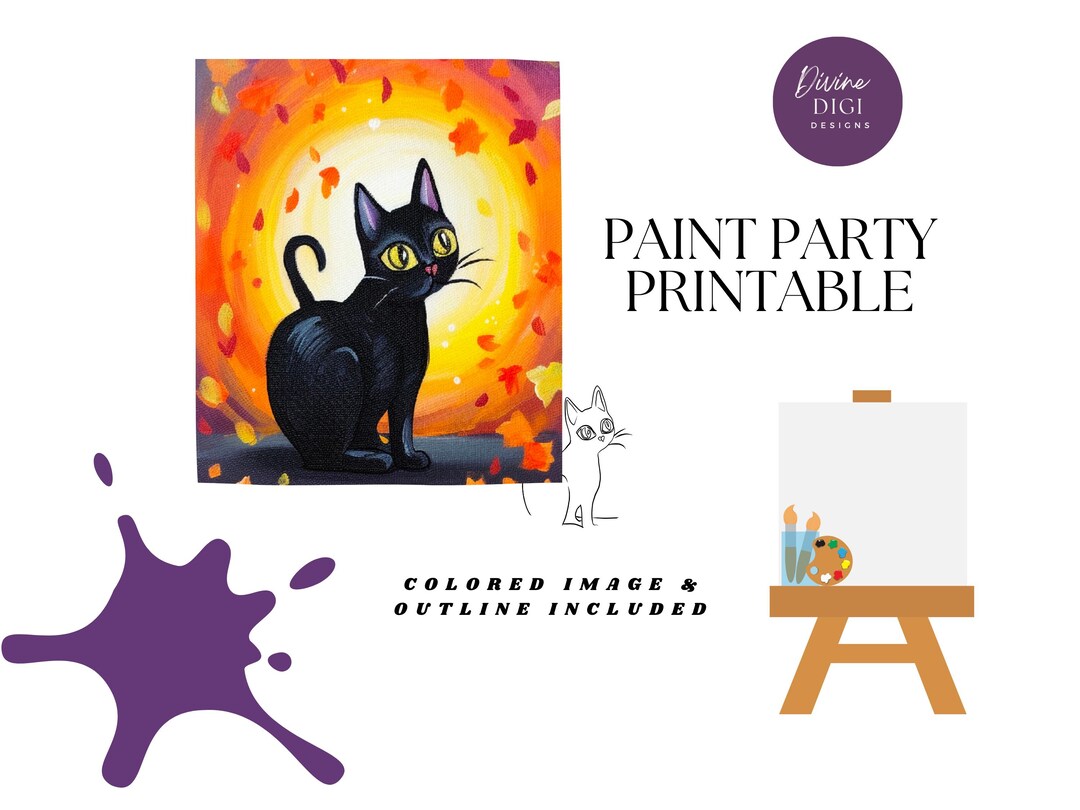Autumn Cat Coloring Page: DIY Paint Party Printable (PNG, JPG Digital ...