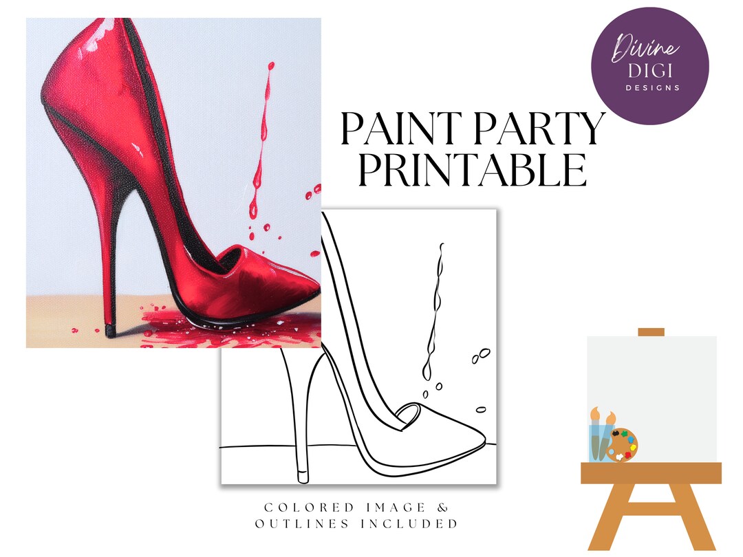 DIY Paint Party Printable, Pre-drawn Red Pumps Canvas, Instant Download ...