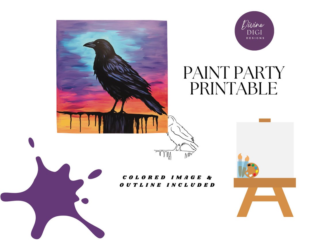 Raven Sunset DIY Paint Party Template: Printable Coloring Page (PNG ...