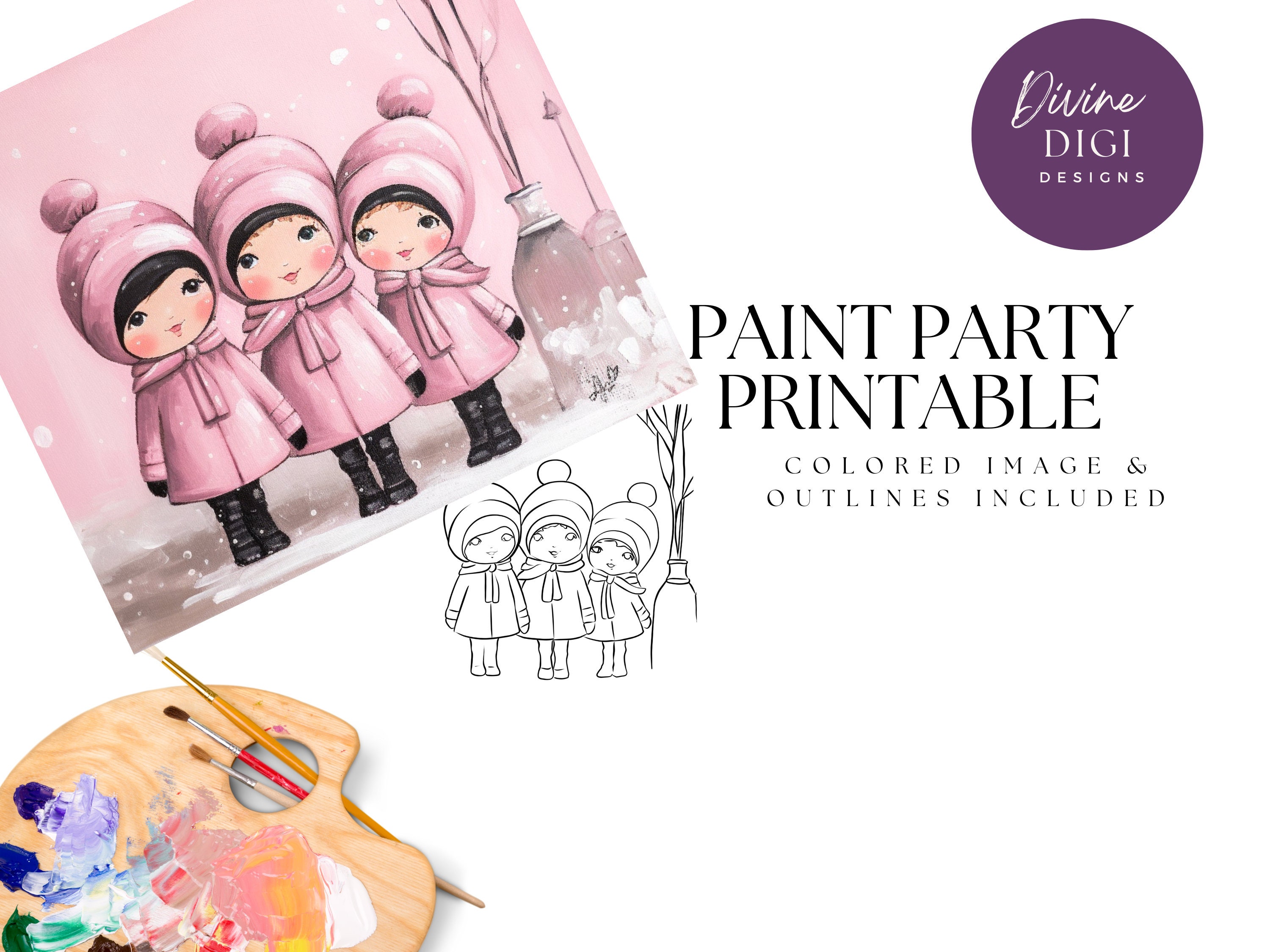 DIY Paint Party Printable Pre-drawn Cute Girls in Pink Canvas - Etsy