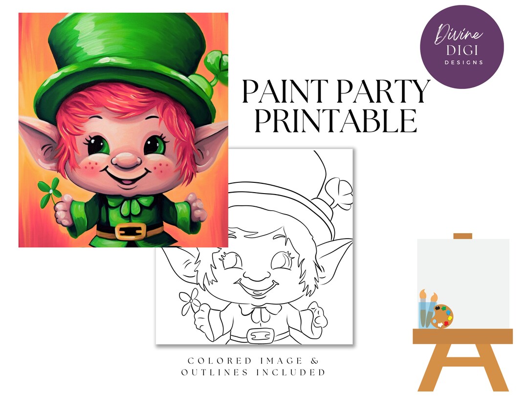DIY Paint Party Printable, Pre-drawn Cute Leprechaun Canvas Diy ...